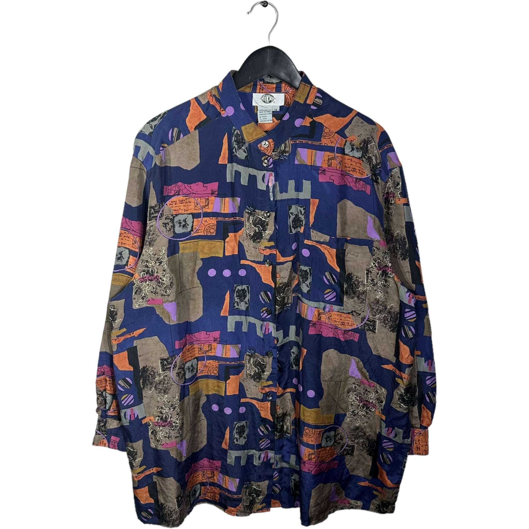 Vintage Side Slit Shapes Long Sleeve Silk Button Down